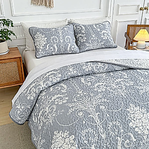 Gray Cotton Quilt Set Queen Size Floral Quilt Set White Flowers Leaves Cotton Reversible 3pc Quilt Bedding Set, Coverlet, Bedspread with 2 Pillow Shams