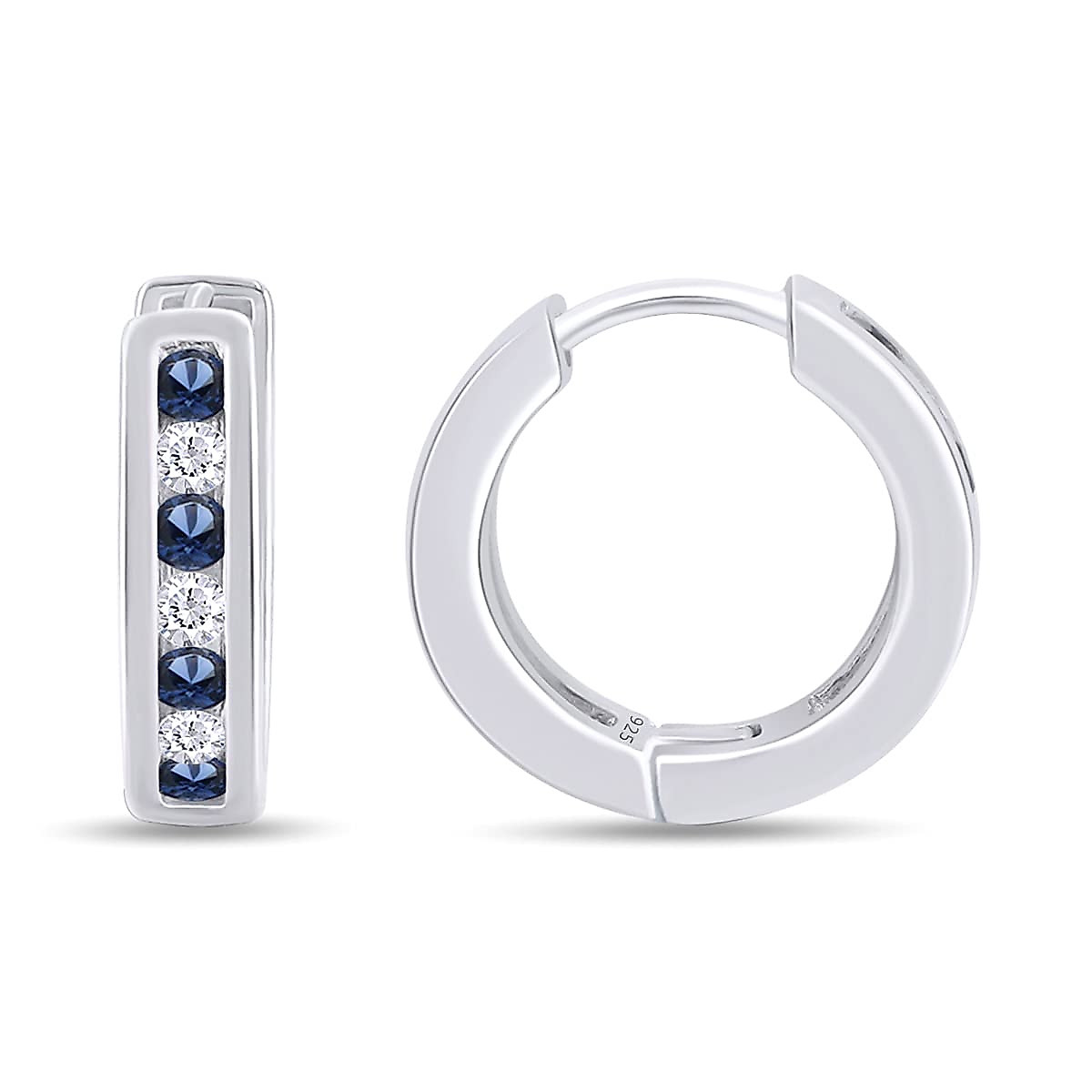 Round Cut Simulated Blue Sapphire With Cubic Zirconia Huggies Hoop Earrings In 14K White Gold Over Sterling Silver