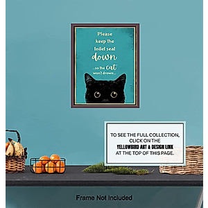 Put The Toilet Seat Down Sign - Cat Bathroom Decor - Bath Wall Decor - Funny Bathroom Wall Art - Blue Bathroom Decorations for Women, Kitty, Kitten Fan - Powder Room - Restroom Sign - Guest Bathroom