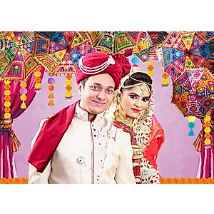 Indian Traditional Backdrop 7x5FT Purple Curtain Boho Flowers Umbrella Background for Wedding Birthday Bridal Shower Party Decoration Couples Trip Photo Booth Props