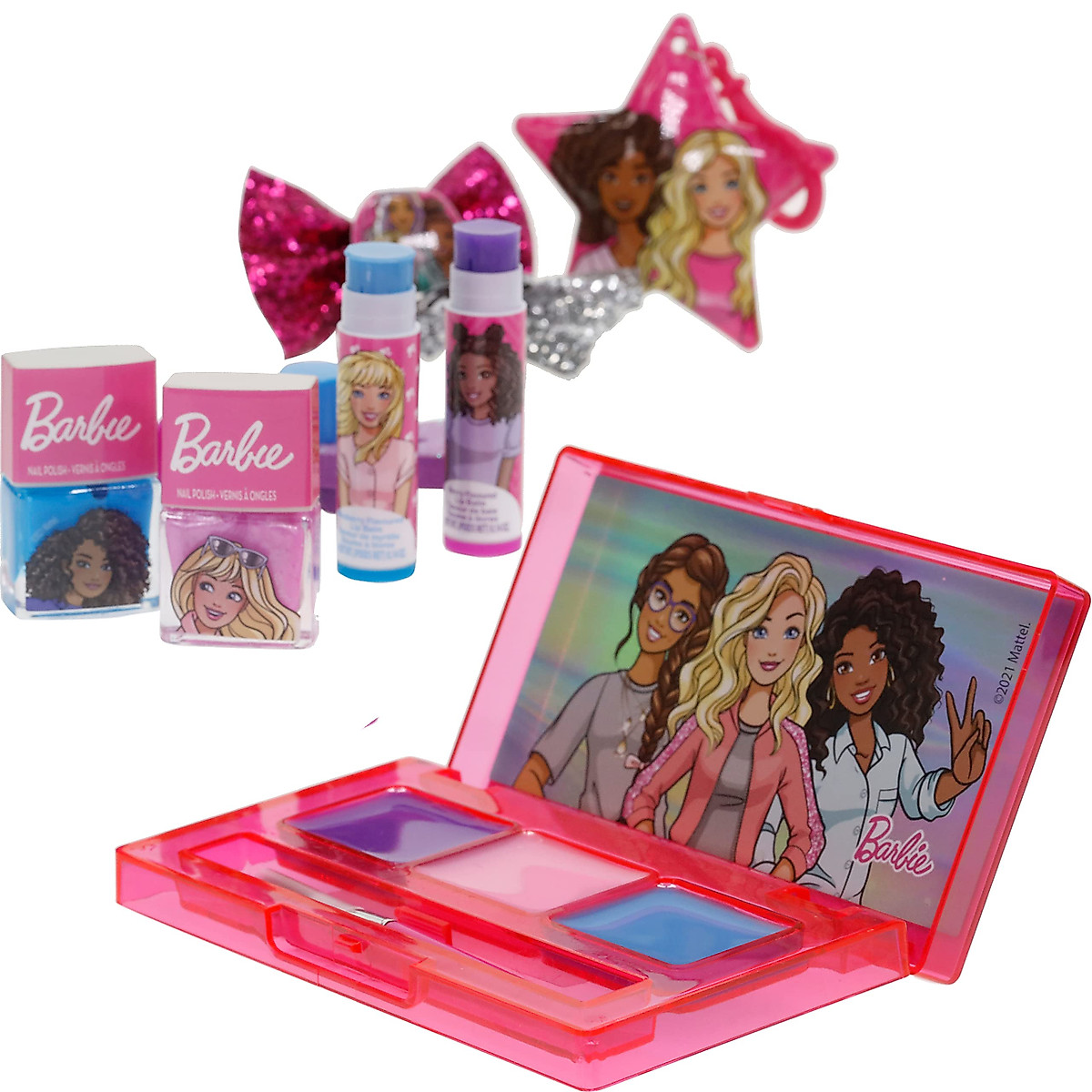 Barbie - Townley Girl Backpack Cosmetic Makeup Gift Bag Set 12 Pcs includes Lip Gloss, Nail Polish & Hair Accessories for Kids Teen Tween Girls, Ages 3+ perfect for Parties, Sleepovers and Makeovers