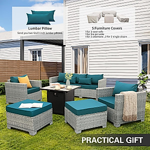 WAROOM Patio Furniture Set 6 Piece Outdoor Patio Set Grey Wicker Balcony Furniture Conversation Sets PE Rattan Couch Sofa with Fire Pit Table, Peacock Blue Cushion