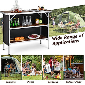 Giantex Folding Camping Table, Aluminum Portable Bar Table 43.5''L x 34.5''H, 2-Tier Open Storage Shelves, Removable Oxford Cloth, Carrying Bag, Foldable Picnic Table for BBQ Outdoor Party (Coffee)