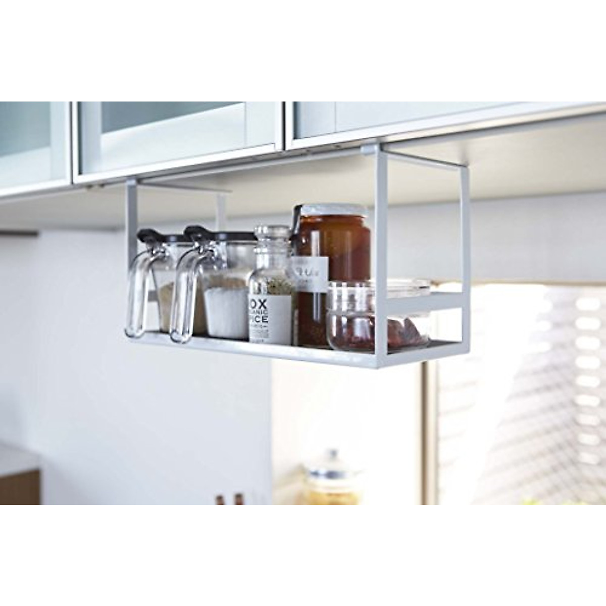 YAMAZAKI Home Under Shelf Spice Rack and Organizer for Kitchen Cabinets | Steel | Undershelf Solution, One Size, White