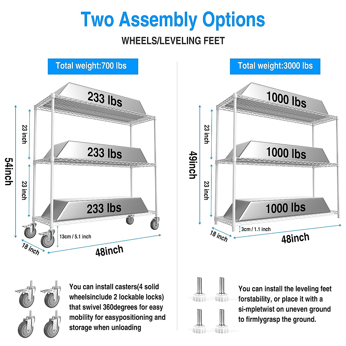 White 3 Tier NSF Metal Shelf Wire Shelving Unit, 18"D x 48"L x 54"H - 3000lbs Heavy Duty Adjustable Wire Rack with 5in Wheels and Shelf Liners for Garage Kitchen Office Garage Utility Storage Rack