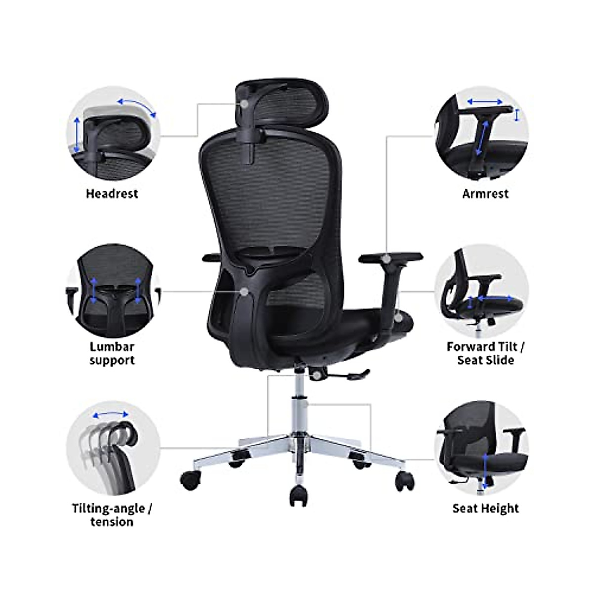 KARXAS Ergonomic Office Chair High Back Desk Chair with Adjustable Lumbar Support, Headrest & Armrest, Swivel Computer Task Chair (Black)
