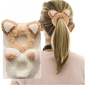 ZITIANY 2 PCS Furry Hair Ties Cute Animal Fluffy Hair Scrunchies Elastic Hair Bands Fuzzy Bobbles Ponytail Holders Hair for Women Girls A02#Bear Ears 2PC hair styling accessories