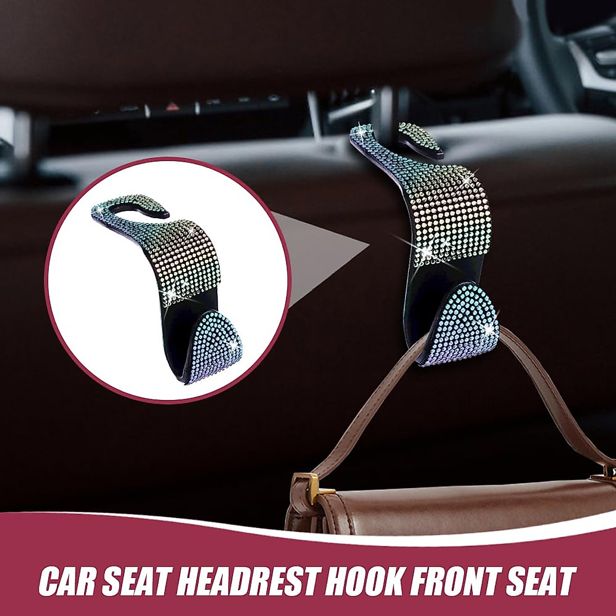 deemars 2 Pack Car Seat Headrest Hook, Bling Car Hooks Front Seat, Back Seat Organizer Hanger Storage Hook Car Purse Hook for Bags, Clothes, Coats, Grocery Bags (Colorful)
