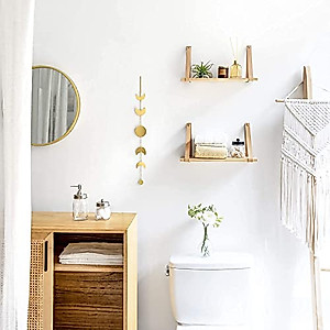 Mkono 4 Pack - 2pcs Hanging Wall Shelf Floating Wood Storage Shelves Leather Strap Swing Organizer, and 2pcs Macrame Woven Wall Hanging Boho Home Chic Bohemian Geometric Art Decor