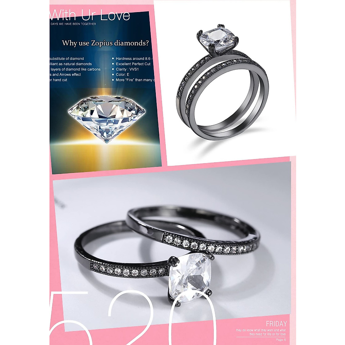 14k Black Gold White Stacking Promise Ring for Women Non Tarnish CZ Engagement Band Rings for Bridal Round Cut 1CT Cubic Zircon Solitaire Ring Hypoallergenic can be Worn Separately Jewelry Set (6)