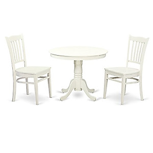 East West Furniture ANGR3-LWH-W 3 Piece Kitchen Table & Chairs Set Contains a Round Dining Room Table with Pedestal and 2 Solid Wood Seat Chairs, Linen White