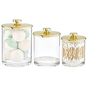 mDesign Plastic Apothecary Canister Jar Storage Organizer for Bathroom, Bedroom, Vanity, Kitchen Cabinet Organization - Holds Cotton Swab - Lumiere Collection - Set of 3 - Clear/Soft Brass