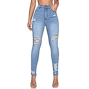 Floerns Women's High Waisted Ripped Skinny Jeans Destroyed Denim Pants Light Blue S
