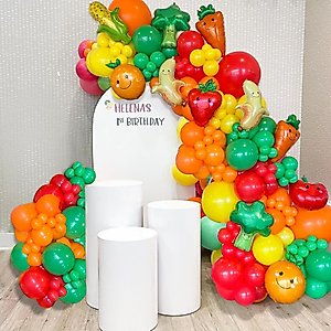Fruit Vegetable Party Decorations 141pcs Red Green Yellow Orange Balloon Arch Garland Kit Vegetable Fruit Balloons for Hey Bear themed Party Tutti Frutti Birthday Baby Shower