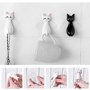 MAHONLIEN 4 Pcs Cute Cat Key Hooks Black White Cat Adhesive Coat Hooks for Wall Decorative