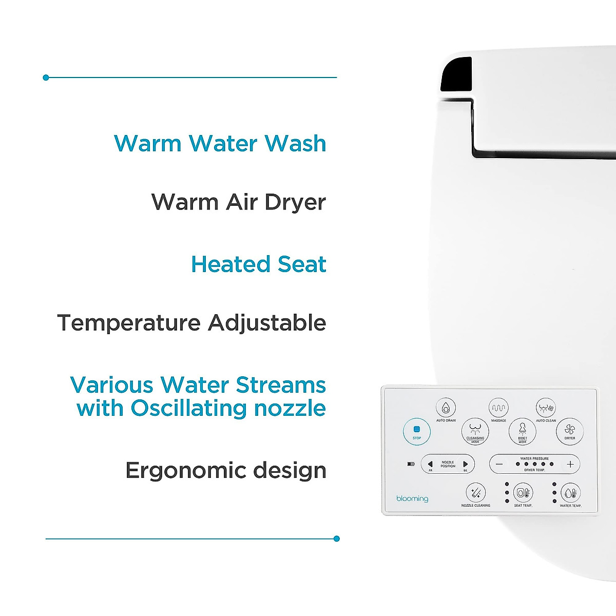 Blooming NB-R1260E Bidet Toilet Seat - Smart Toilet Seat with Stainless Steel Nozzle, Warm Water, Dryer, Heated Seat, Sittable Lid, LED Nightlight - White Elongated Attachment with Remote Control