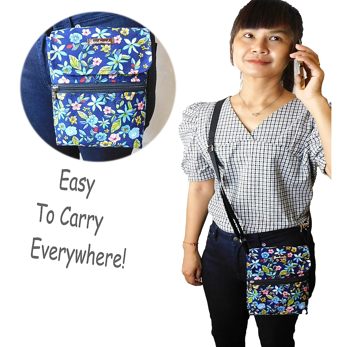 Crossbody Cellphone Purse Handmade Cross-body Bags,Cell phone Crossbody Purse For iPhone Samsung (FLOWER_L-DARK BLUE-FB) A-flower_l-dark Blue-fb