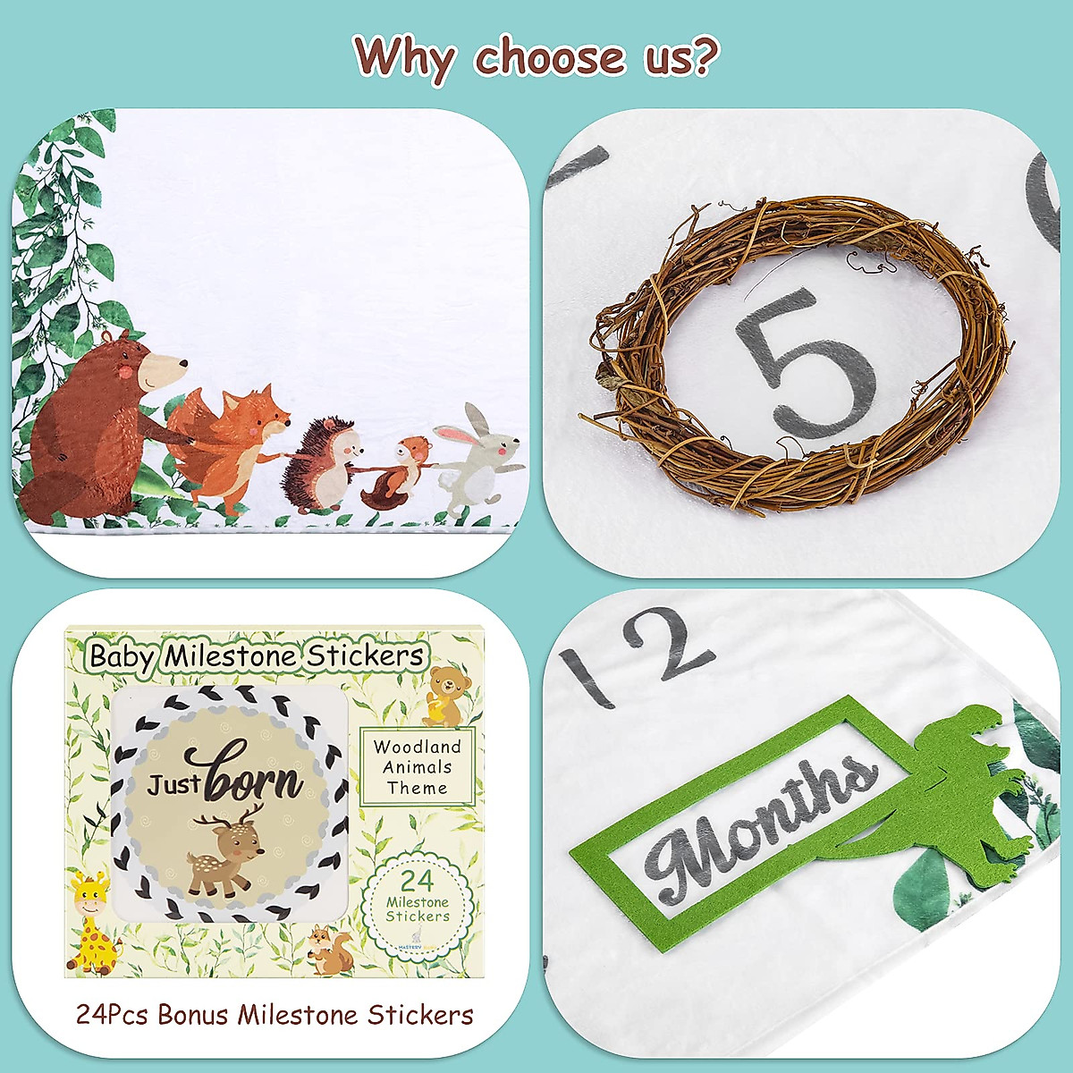 Baby Monthly Milestone Blanket, Unisex Woodland Monthly Blanket and Milestone Stickers for Newborn Baby Shower, Unisex Baby Growth Chart Monthly Blanket for Boy and Girl,