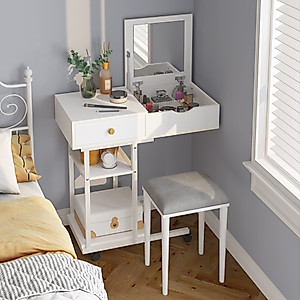 Elephance Moveable Vanity Desk with Mirror for Small Spaces, Makeup Dressing Table Computer Desk with Drawers and Shelves for Bedroom