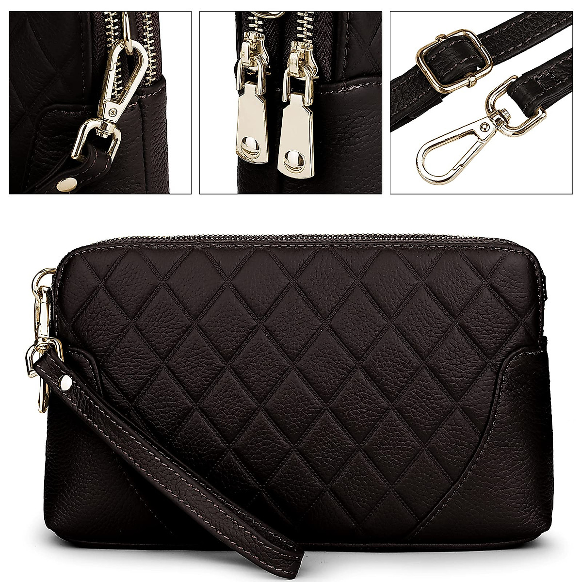 YALUXE Womens Wristlet Real Leather Quilted double zippers Large Clutch Wallet Shoulder Strap