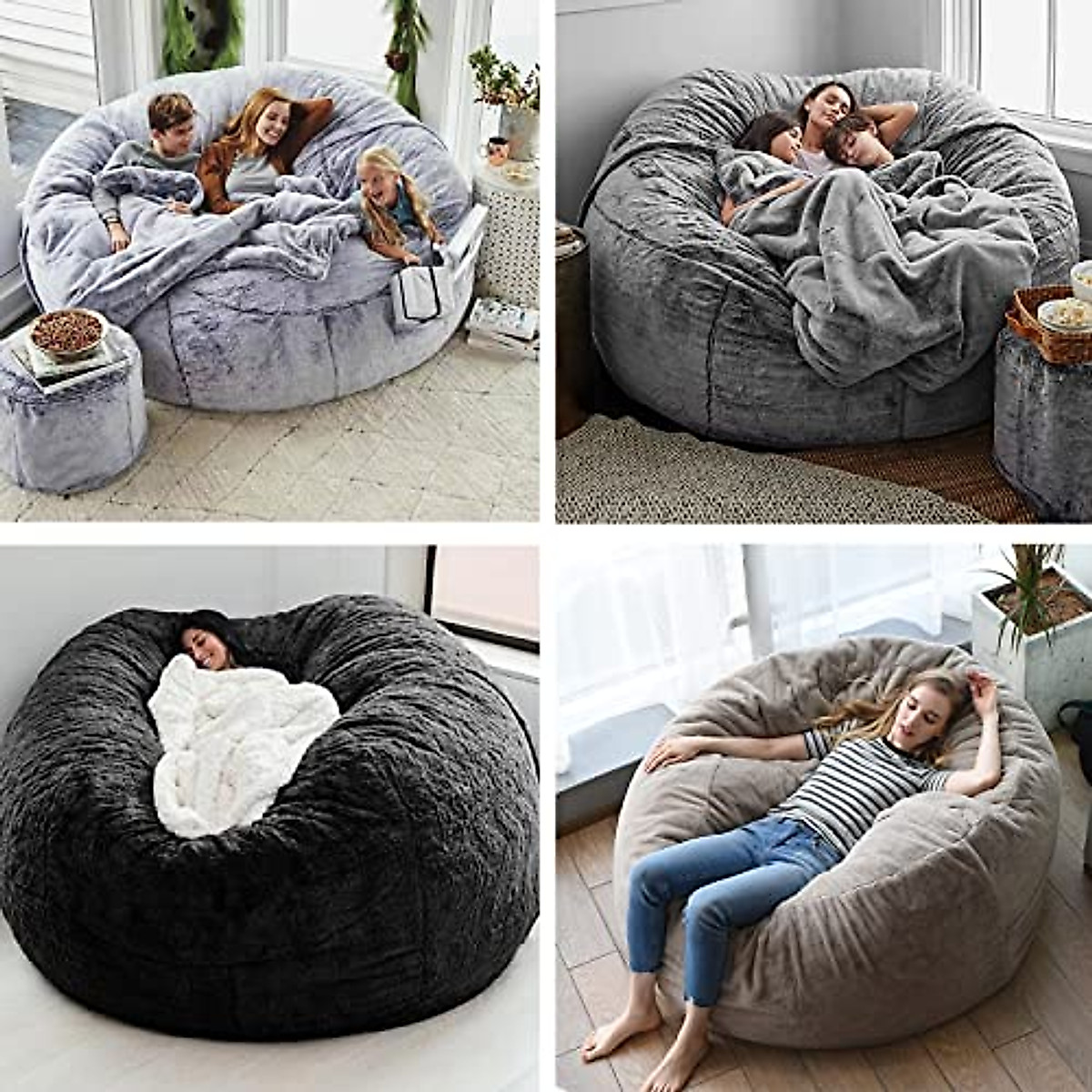 Giant Fur Bean Bag Chair Cover for Kids Adults, (No Filler) Living Room Furniture Big Round Soft Fluffy Faux Fur Beanbag Lazy Sofa Bed Cover,Snow White,6FT 180 * 90cm(Snow White)