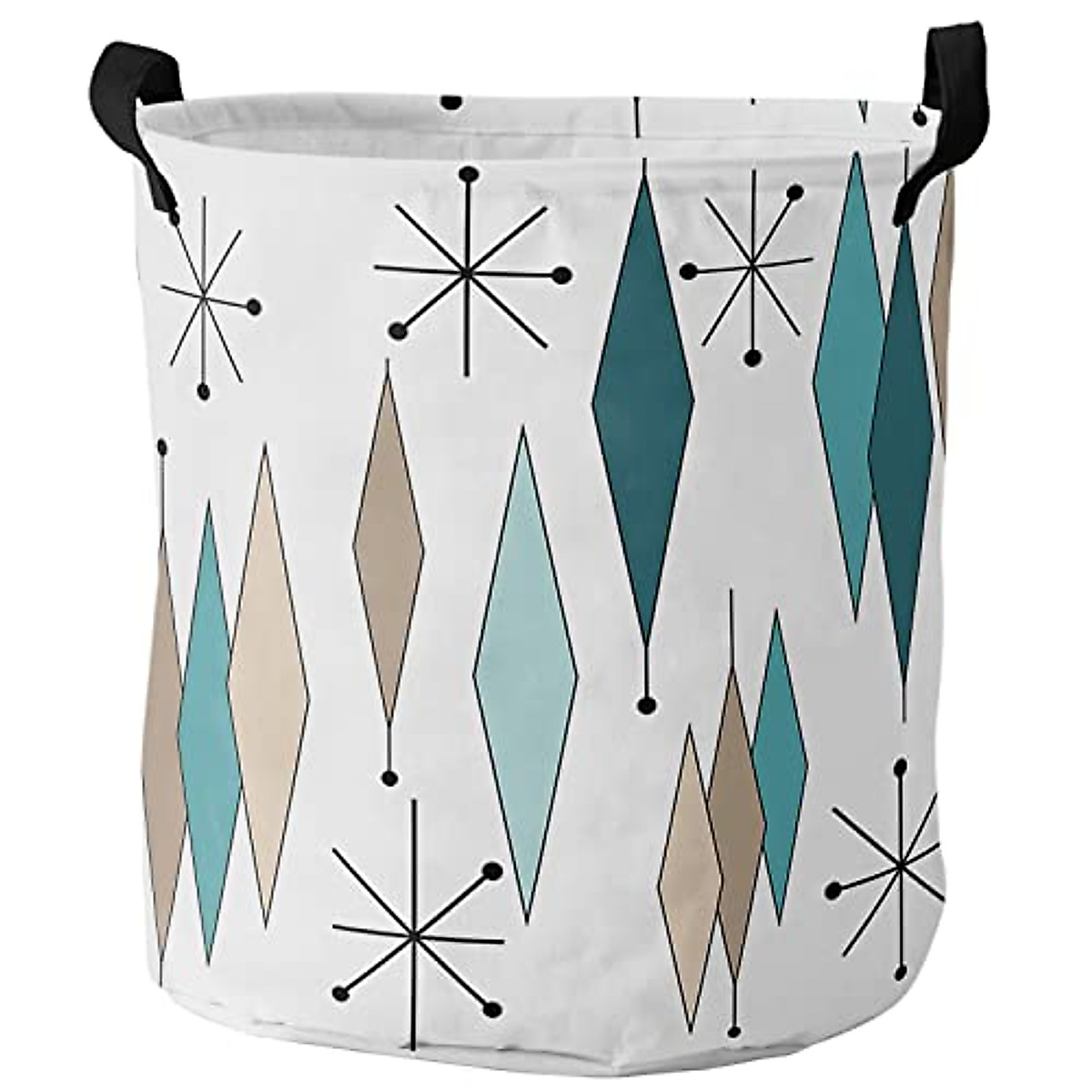 Laundry Basket Teal Vintage Geometric Rhombus Patterns,Waterproof Collapsible Clothes Hamper Mid-Century Modern Style,Large Storage Bag for Bedroom Bathroom 42L