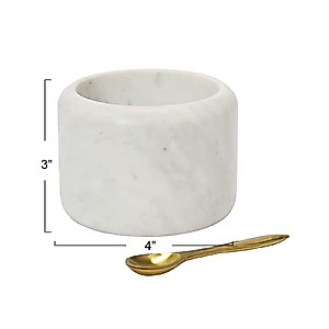 Creative Co-Op Marble Pinch Pot with Brass Spoon, Set of 2 Serveware, 4"L x 4"W x 3"H, White