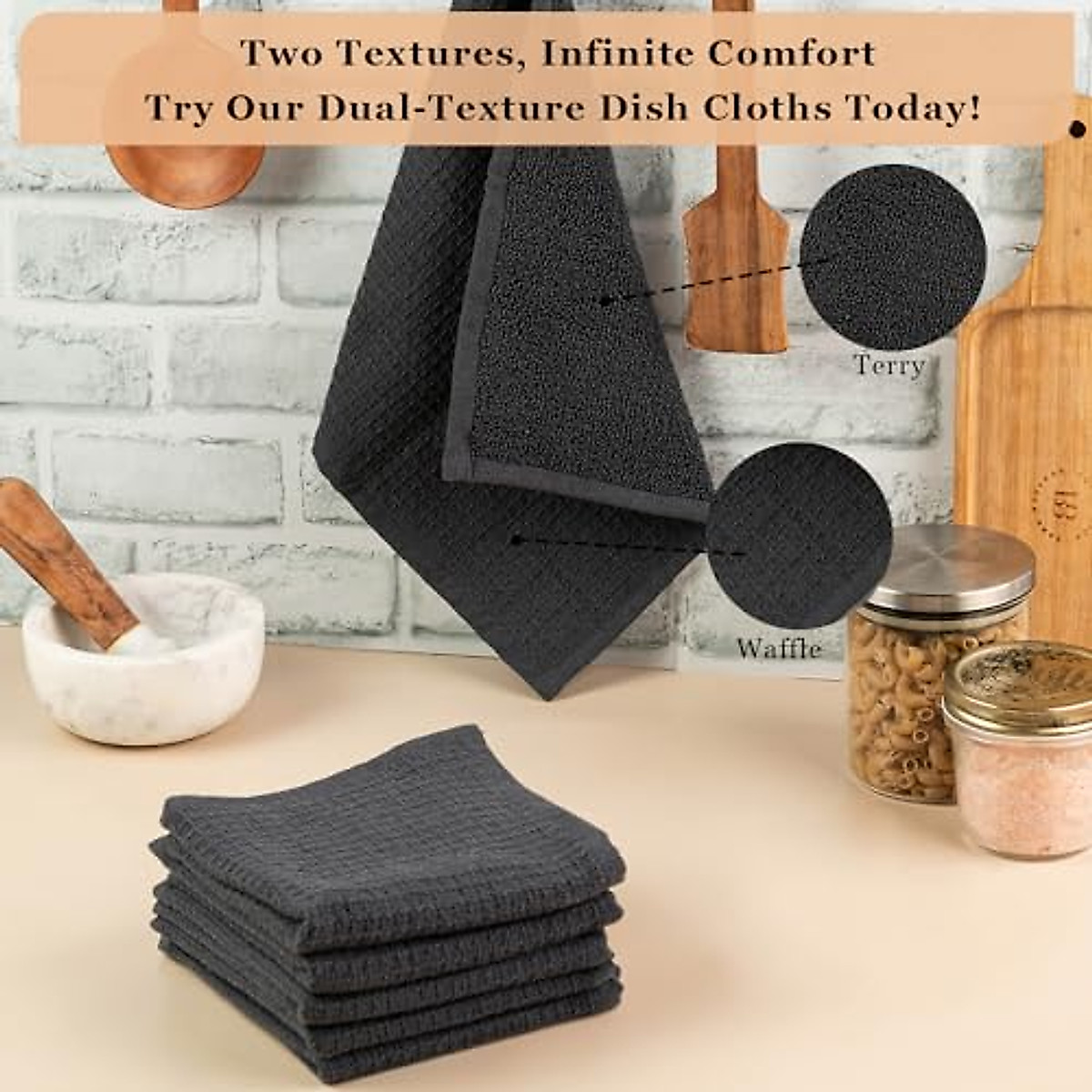 DishCloths Kitchen|Waffle Terry Check Weave Hand Towels|Cotton 12x12 Reusable Dish Rags Washing Scrub Cleaning Dishes|Dish Bar Mop Towels Hand Wipes|Spring Easter Basket Decor|6 Pc Set-Grey