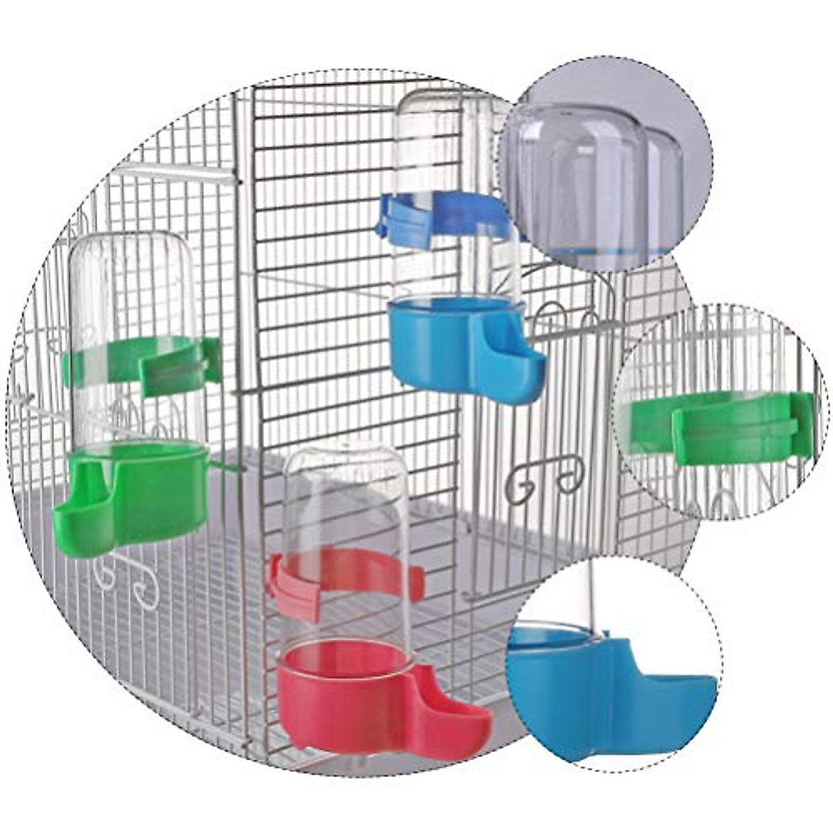 POPETPOP 3pcs Automatic Bird Feeders Bird Water Bottles Food Dispensers Hanging in Birds Cage for Cockatiel Parrots Budgie Lovebirds (Red Blue Green)