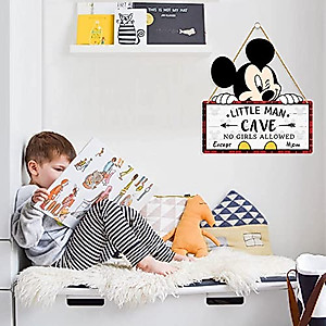Little Man Cave Wooden Hanging Wall Sign, Mouse Wood Hanging Sign for Boy's Room Decoration, Baby Boy Nursery Door Sign Decor For Toddlers Kids Bedroom Red & Black Buffalo Plaid