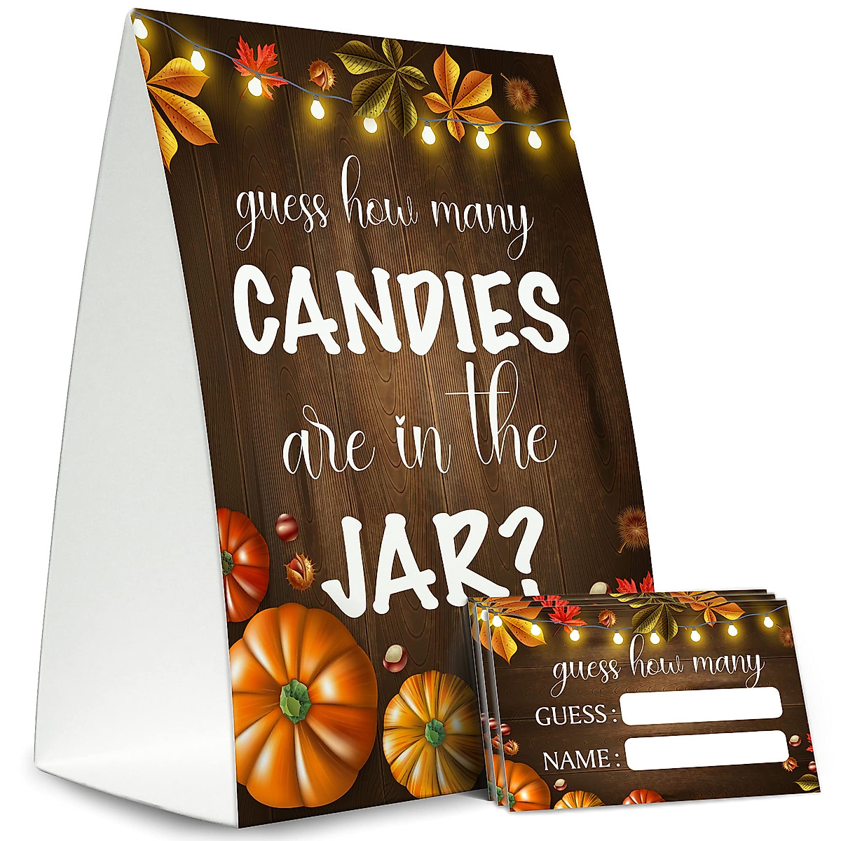 Guess How Many Candies Are in the Jar (1 Standing Sign + 50 Guessing Cards),Pumpkin Halloween,Bridal Shower Sign,Baby Shower Sign - NG01
