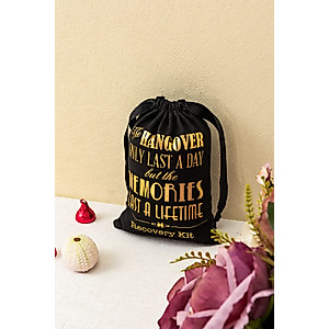 MEJOY 10 Pcs Bridal Shower Party Gift Bags, Black 5x7 Inch GOLD Foil "HANGOVERS", Bachelorette Hangover Kit Bags, Cotton Recovery Kit Bags Muslin Drawstring Bag for Bridal Shower Wedding Party Gift Decoration