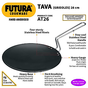 Futura 10inch Hard Anodised Concave Tava Griddle, 10-Inch, 4.88 with Steel Handle, 26 cm, Black