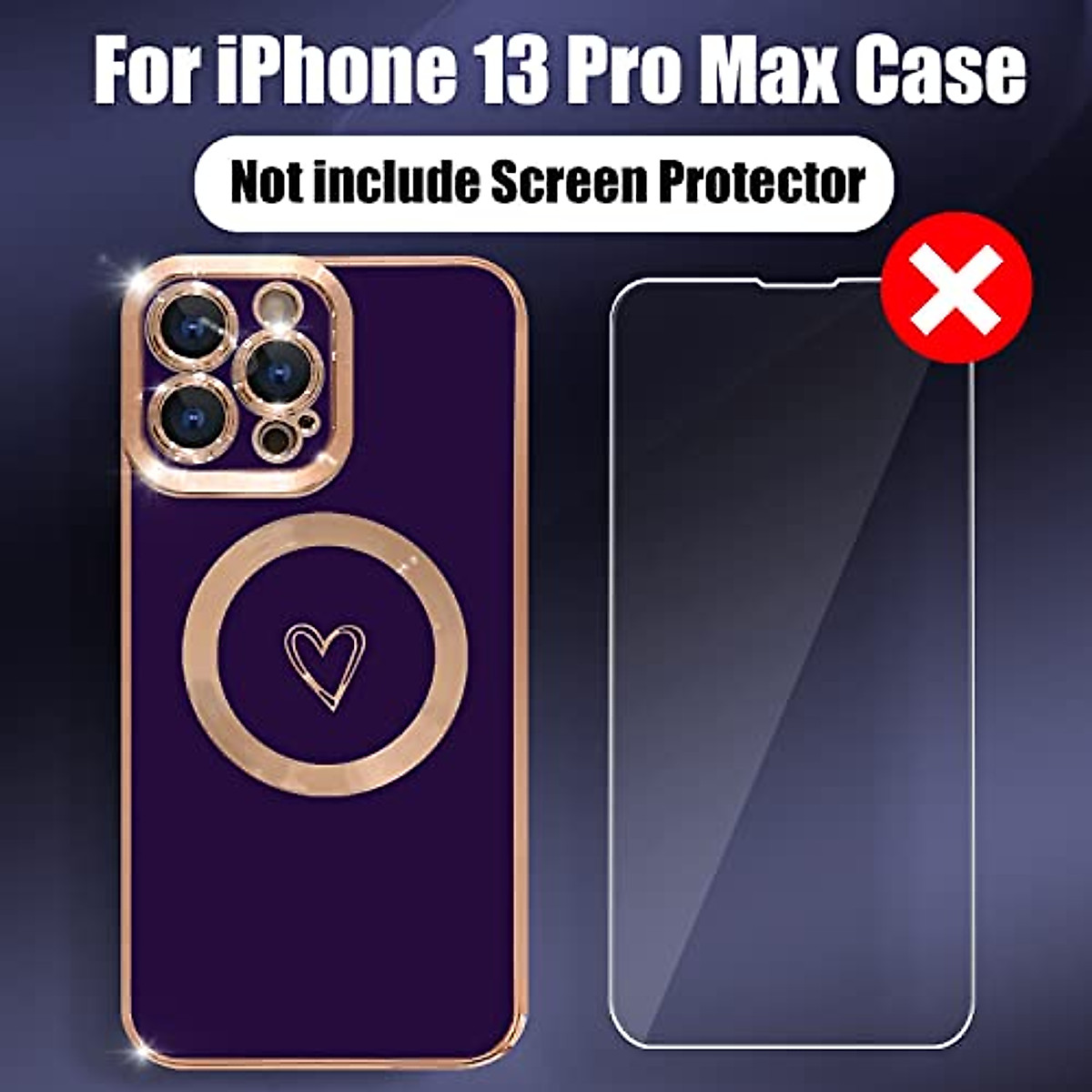 YKCZL Compatible with iPhone 13 Pro Max Case MagSafe, Luxury Plating Cute Heart Full Camera Lens Protection Magnetic Case for iPhone 13 Pro Max for Women Girls-Deep Purple