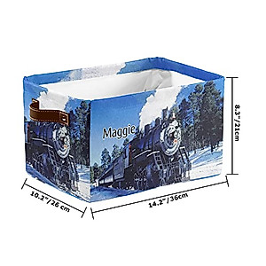 Personalized Snowy Day Train Storage Bin with Name Waterproof Canvas Organizer Bin with Handles for Gift Baskets Book Bag (1 Pack)