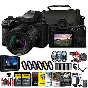 Panasonic Lumix S5 IIX Mirrorless Camera with 20-60mm Lens (DC-S5M2XKK) + 4K Monitor + 2 x 64GB Memory Card + Filter Kit + Color Filter Kit + Corel Photo Software + 3 x DMW-BLK22 Battery + More