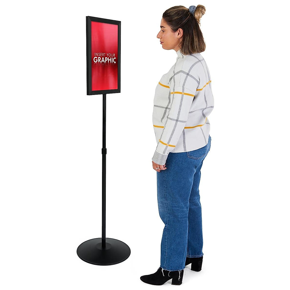 11x17 Sign Stand with Height-Adjustable Post, Top-Loading Sign Frame Includes PVC Backer and 2 Non-Glare Lenses for Double-Sided Presentations, Aluminum (Black)