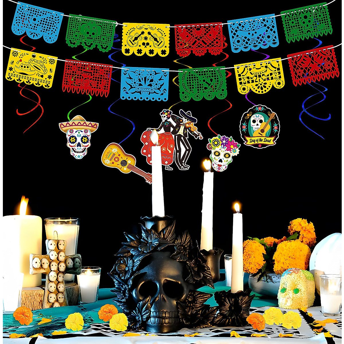110 PCS Dia De Los Muertos Decorations Set: Day of the Dead Decor Papel Picado Marigold Butterfly Hanging Swirls for Ofrenda Altar