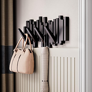 Galetcy Wall Mounted Coat Rack - Solid Wood Craft with 5 Flip-Down Exquisite Piano Design Coat Hooks, Heavy Duty Clothes Rack for Hanging Coat, Bag, Hat, Towel, Key