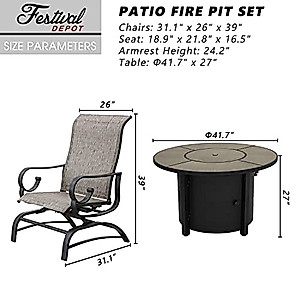 Festival Depot 5Pcs Patio Fire Pit Table Set, Outdoor Furniture Conversation Set, Propane Table and 4 Armchairs with High Textilene Back and Metal Frame for Backyard Porch Lawn Deck Garden (Grey)