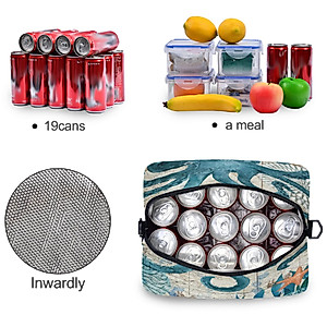 Vintage Nautical Octopus Lunch Box Ocean Starfish Seaweed Lunch Bag Insulated Freezable Old Map Lunch Tote Kit Thermal Cooler for Office Picnic Travel Portable Reusable Handbag