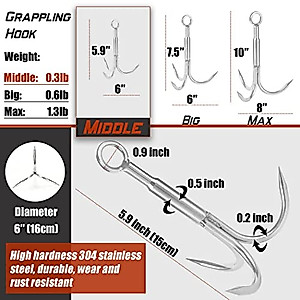 PIOSRTRR Grapple Hook with Rope-Includes Nylon Rope 6/8/10mm 50FT,Functional Grappling Hook and Double Carabiner,for Magnet Fishing/Drag/Tree Limb Removal