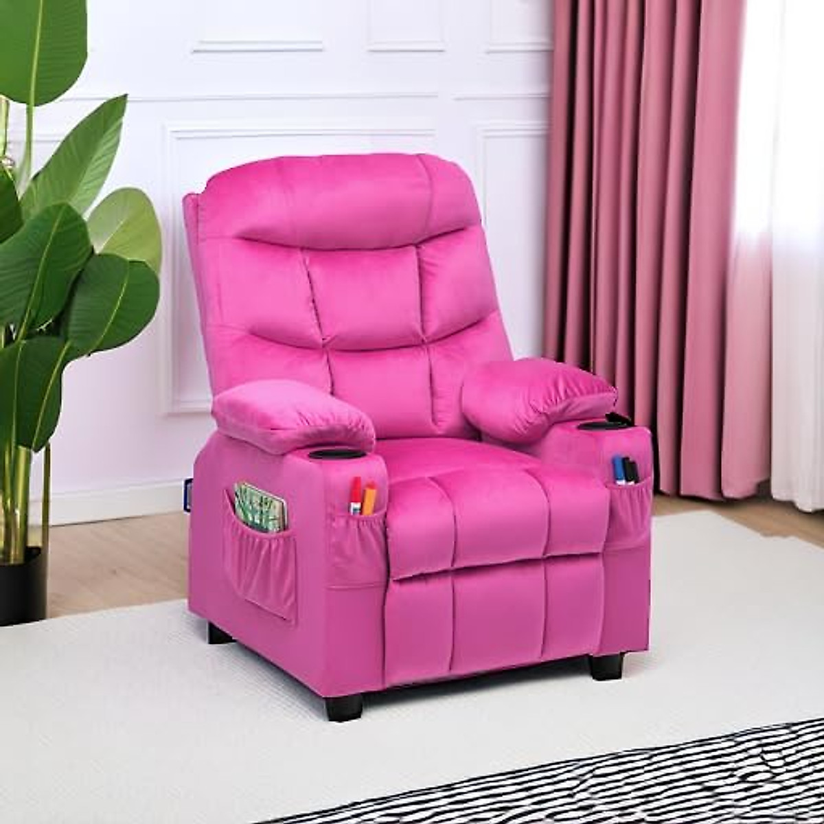 COSTWAY Larger Kids Recliner Chair, Adjustable Lounge Recliner w/ 2 Cup Holders, 1 Side Pocket, 2 Front Pockets, Footrest, Velvet Fabric Recliner for Boys & Girls, Ideal for Bedroom (Pink)
