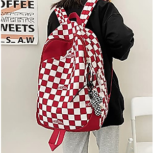 Cute Backpack Comes with Checkered Pendants for free Klein Blue Plaid Kawaii Teen (Red)