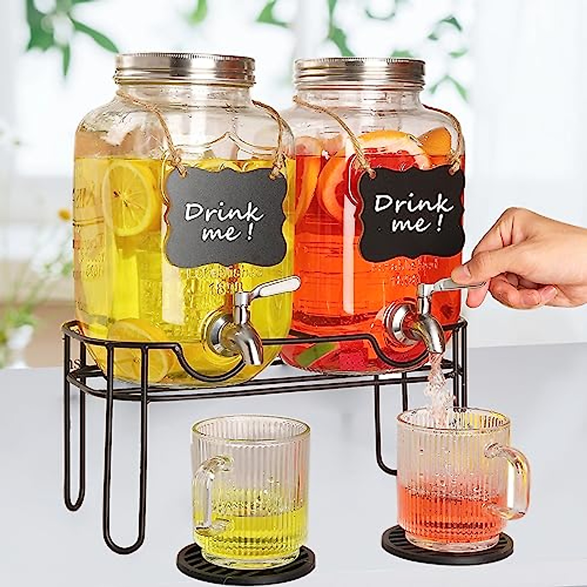 Drink Dispenser (2 Pack) With Metal Stand,Drink Dispensers for Parties,1 Gallon Beverage Dispenser with Stainless Steel Spigot & Lid,Come with Ice Cylinder,Fruit Tube and 2 Rubber Mats
