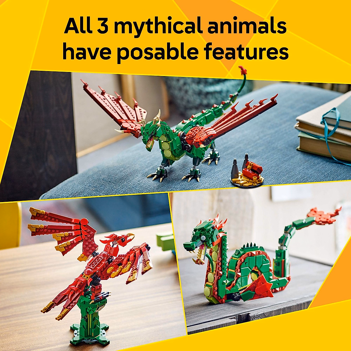 LEGO Creator 3 in 1 Medieval Dragon Toy - Building Toy with 3 Build Options, Dragon, Sea Serpent, or Phoenix - Fantasy Set for Kids, Boys and Girls, Ages 9+ - Gift Idea for Birthdays - 31161