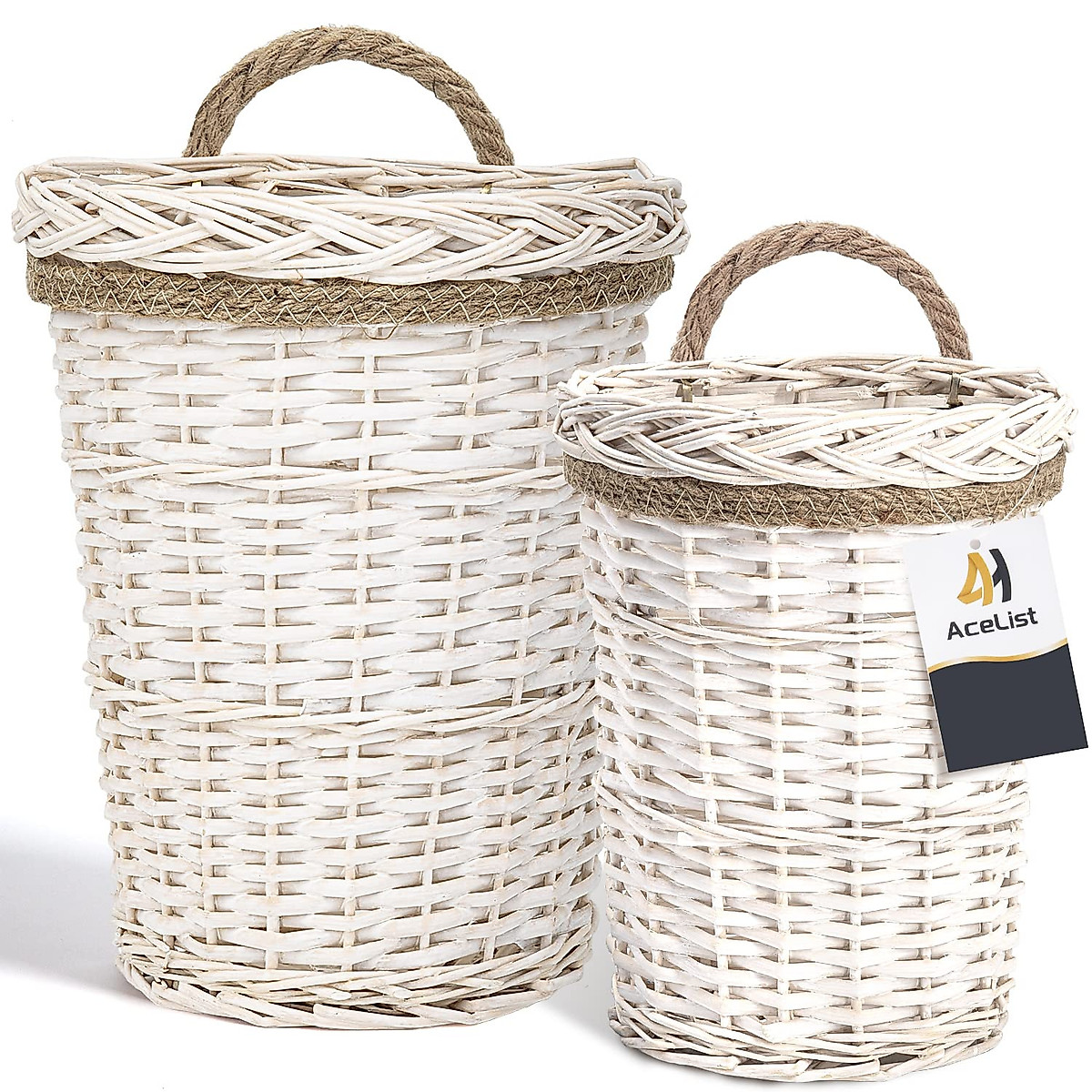 AceList Set of 2 Handmade Wall Hanging Baskets - Woven Wicker Wall Baskets Perfect for Boho Rustic Farmhouse Wall Decor(White)