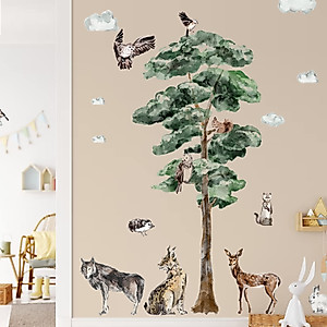68in X-Large Pine Tree Safari Animals Wall Decals Woodland Nursery Wall Decor Watercolor Forest Animal Wall Decal Peel and Stick Deer Birds Owl Wolf Stickers for Kids Room Wall Art Baby Nursery Decor