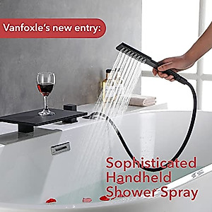 VANFOXLE Waterfall Bathtub Faucet set with Hand Shower, Roman Tub Faucets Deck Mount Matte Black Tub Faucet set Brass Tub Filler Bathroom Faucets with Hand Shower