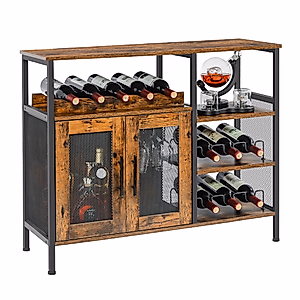 X-cosrack Wine Bar Rack Cabinet with Detachable Wine Rack, Coffee Bar Cabinet with Glass Holder, Small Sideboard and Buffet Cabinet with Mesh Door, Rustic Brown, Large